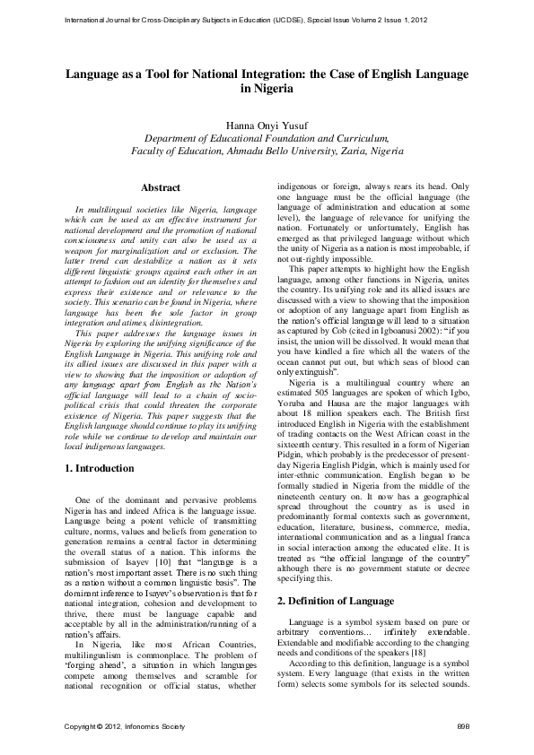 (PDF) Language As A Tool For National Integration: The Case Of English ...