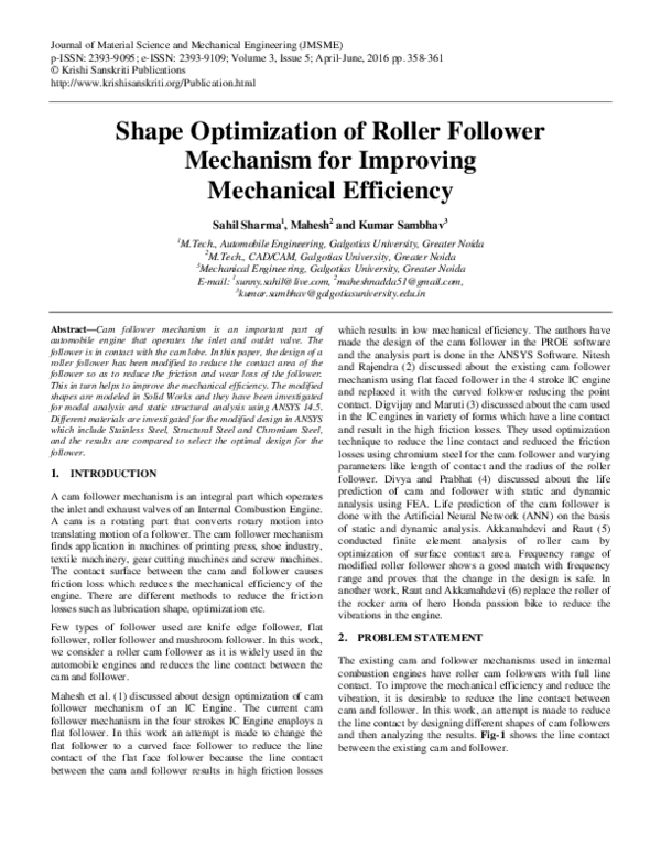 (PDF) Shape Optimization of Roller Follower Mechanism for Improving ...