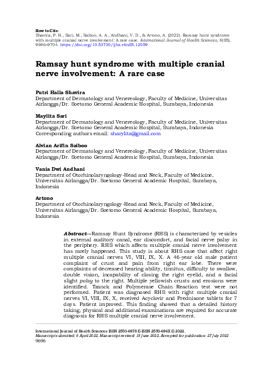 (PDF) Ramsay hunt syndrome with multiple cranial nerve involvement