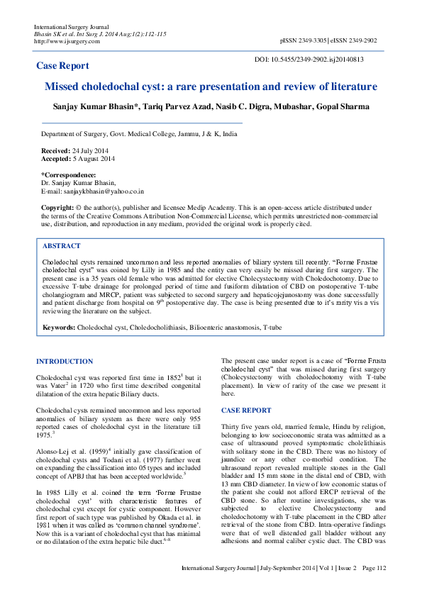 (PDF) Missed choledochal cyst: a rare presentation and review of literature