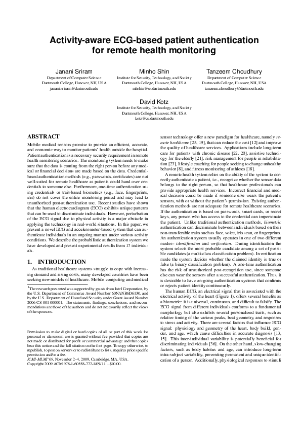 (PDF) Activity-aware ECG-based patient authentication for remote health ...