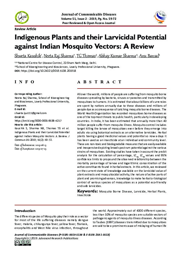 (PDF) Indigenous Plants and their Larvicidal Potential against Indian Mosquito Vectors: A Review