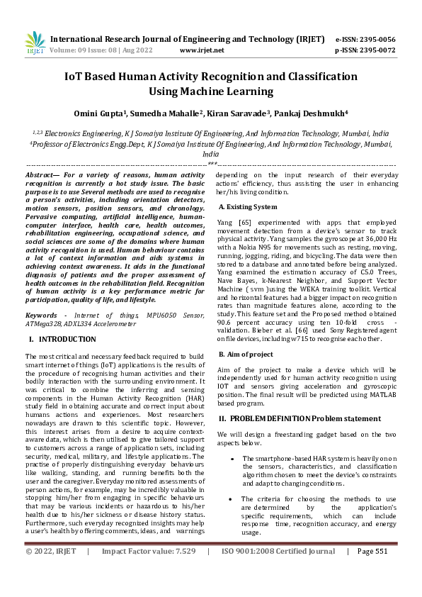Pdf Iot Based Human Activity Recognition And Classification Using