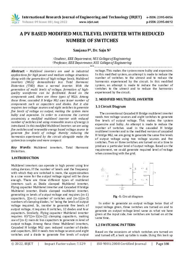 (PDF) A PV BASED MODIFIED MULTILEVEL INVERTER WITH REDUCED NUMBER OF SWITCHES