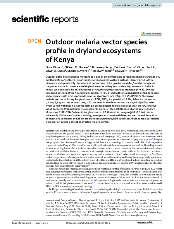 (PDF) Outdoor malaria vector species profile in dryland ecosystems of Kenya