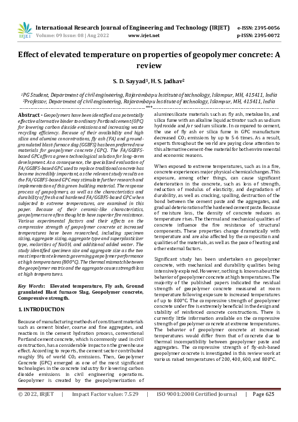 Pdf Effect Of Elevated Temperature On Properties Of Geopolymer Concrete A Review