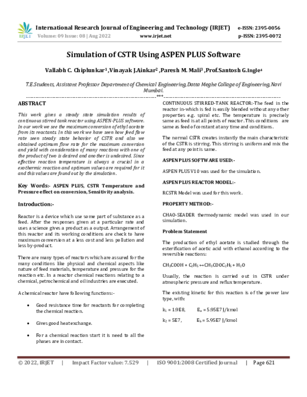 (PDF) Simulation of CSTR Using ASPEN PLUS Software