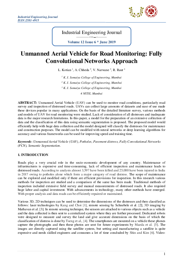 (PDF) Unmanned Aerial Vehicle for Road Monitoring: Fully Convolutional Networks Approach