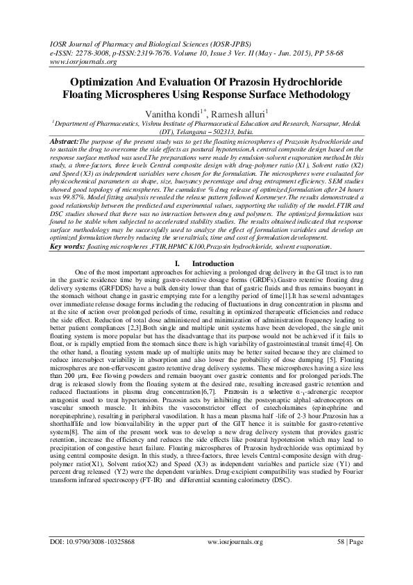 Pdf Optimization And Evaluation Of Prazosin Hydrochloride Floating Microspheres Using Response