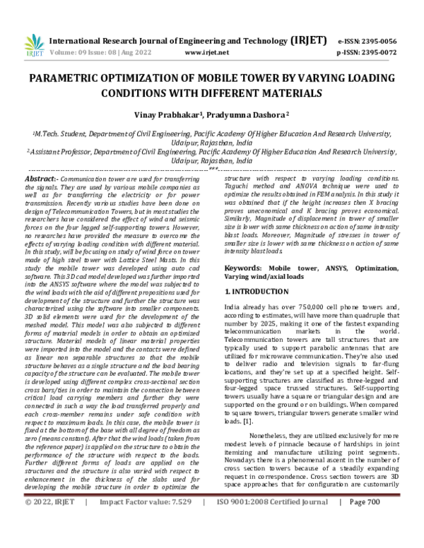 (PDF) PARAMETRIC OPTIMIZATION OF MOBILE TOWER BY VARYING LOADING CONDITIONS WITH DIFFERENT MATERIALS