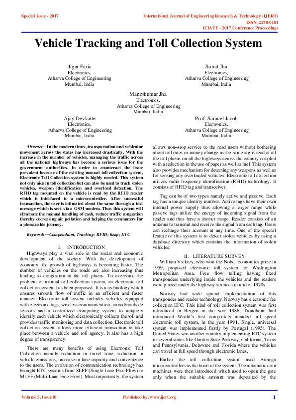(PDF) Vehicle Tracking and Toll Collection System