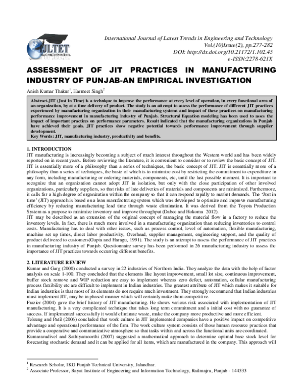 (PDF) Assessment of Jit Practices in Manufacturing Industry of Punjab ...
