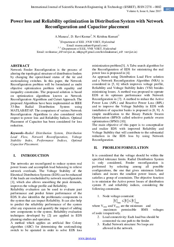 Pdf Power Loss And Reliability Optimization In Distribution System With Network