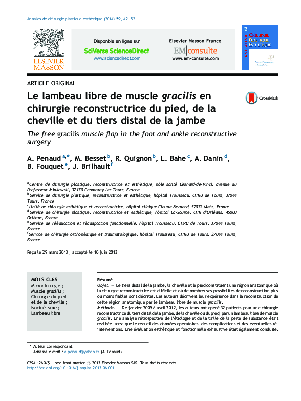(PDF) Le lambeau libre de muscle gracilis en chirurgie reconstructrice ...