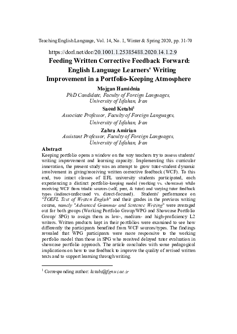 (PDF) Feeding Written Corrective Feedback Forward: English Language Learners' Writing ...