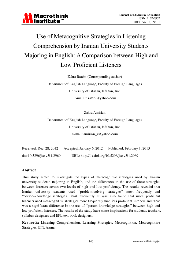 Pdf The Use Of Metacognitive Strategies In Listening Comprehension By Iranian University