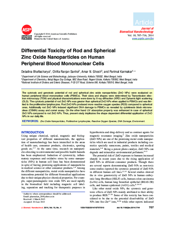 (PDF) Differential Toxicity of Rod and Spherical Zinc Oxide Nanoparticles on Human Peripheral ...
