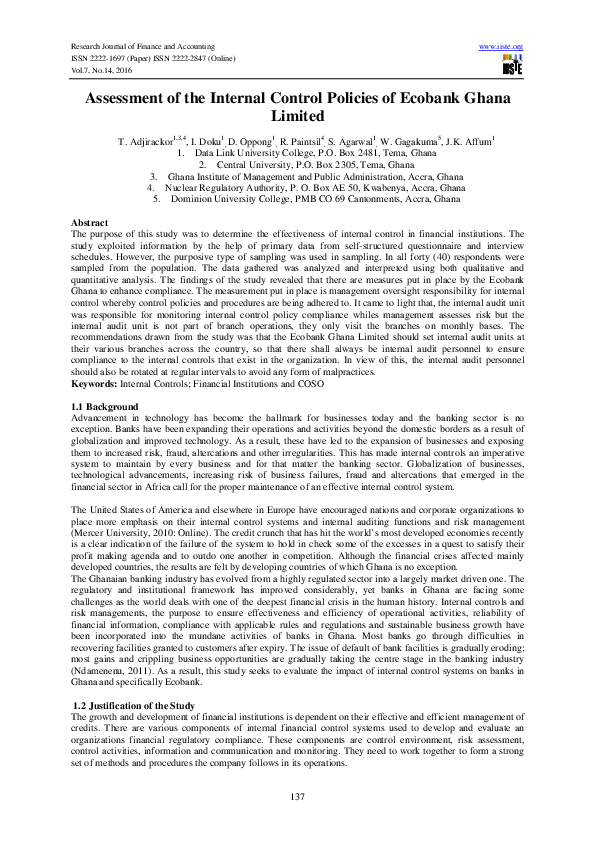 (PDF) Assessment of the Internal Control Policies of Ecobank Ghana Limited
