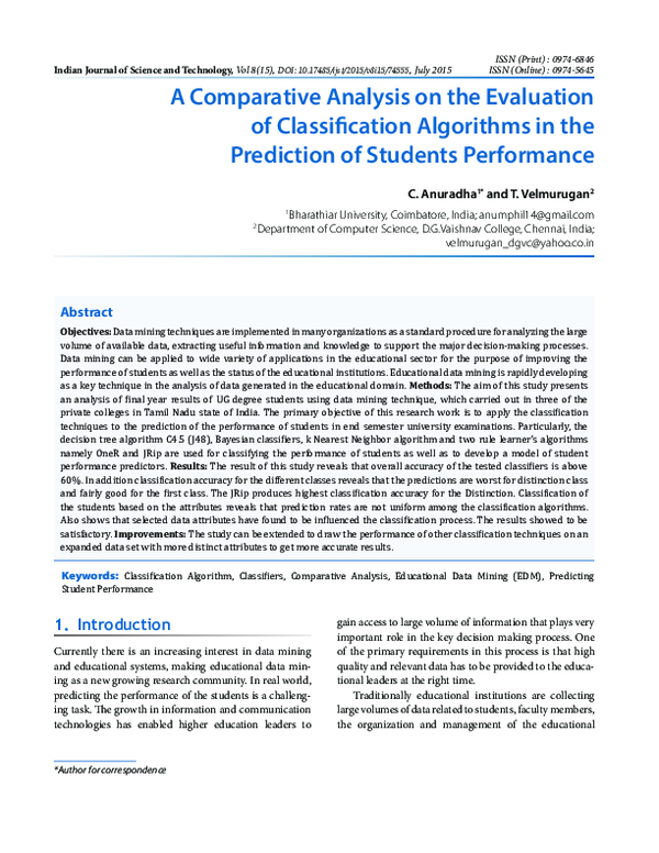 (PDF) A Comparative Analysis on the Evaluation of Classification Algorithms in the Prediction of ...