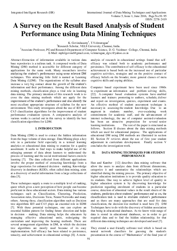 (PDF) A Survey on the Result Based Analysis of Student Performance using Data Mining Techniques