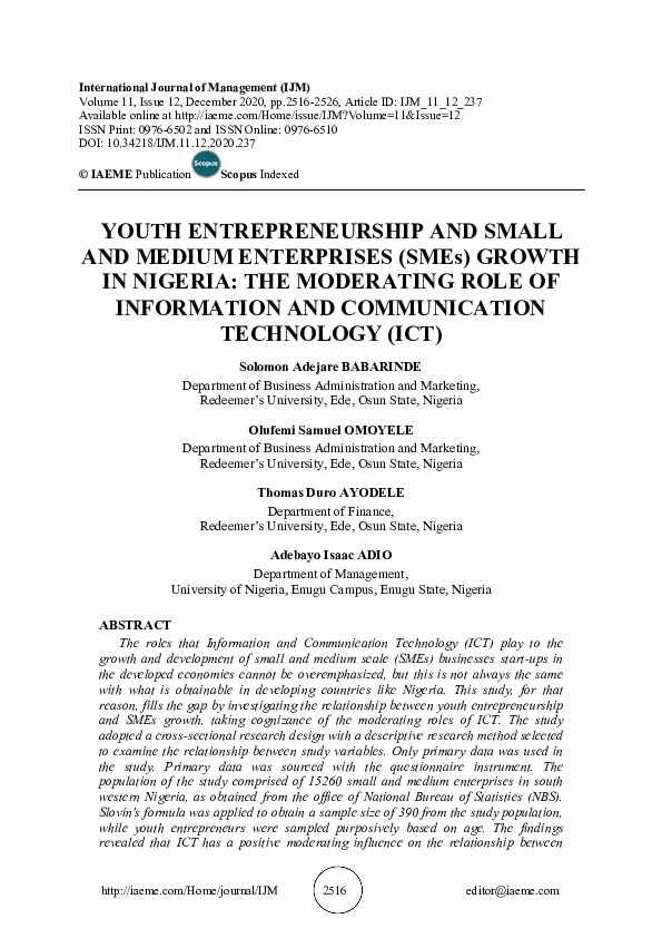 (PDF) YOUTH ENTREPRENEURSHIP AND SMALL AND MEDIUM ENTERPRISES (SMEs) GROWTH IN NIGERIA: THE ...