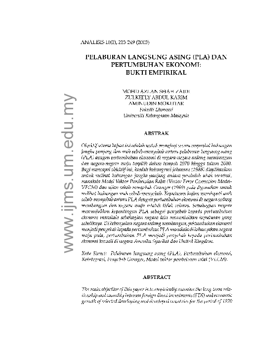 (PDF) Pelaburan langsung asing (PLA) dan pertumbuhan ekonomi: Bukti ...