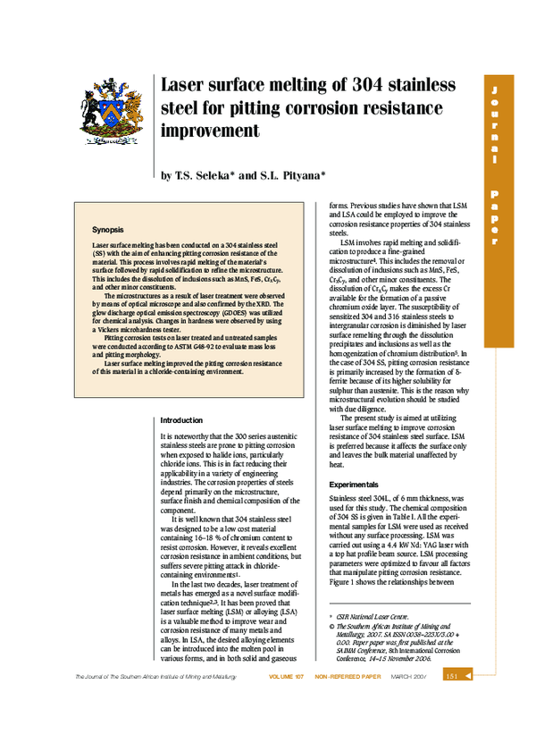 (PDF) Laser surface melting of 304 stainless steel for pitting corrosion resistance improvement