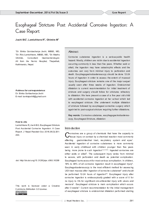 (PDF) Esophageal Stricture Post Accidental Corrosive Ingestion: A Case ...