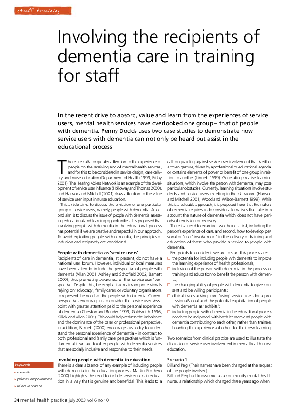 (PDF) Involving the recipients of dementia care in training for staff
