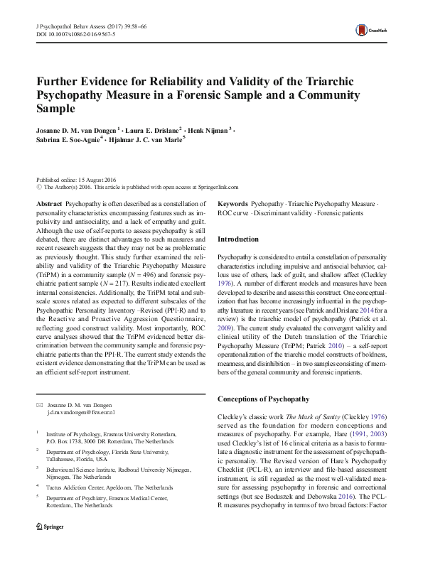 (PDF) Further Evidence for Reliability and Validity of the Triarchic ...