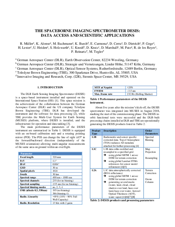 (PDF) The Spaceborne Imaging Spectrometer Desis: Data Access and Scientific Applications