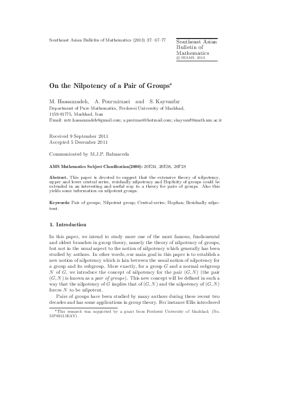 (PDF) On the Nilpotency of a Pair of Groups