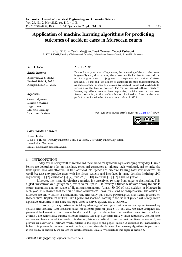 Pdf Application Of Machine Learning Algorithms For Predicting Outcomes Of Accident Cases In