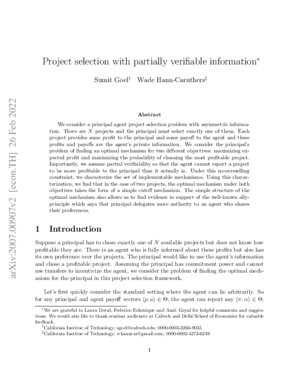 (PDF) Project selection with partially verifiable information