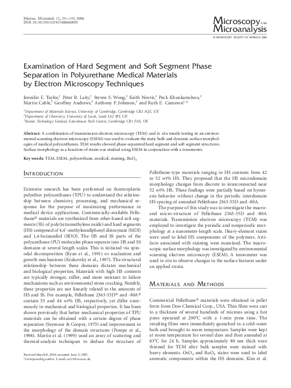 (PDF) Examination of Hard Segment and Soft Segment Phase Separation in Polyurethane Medical ...