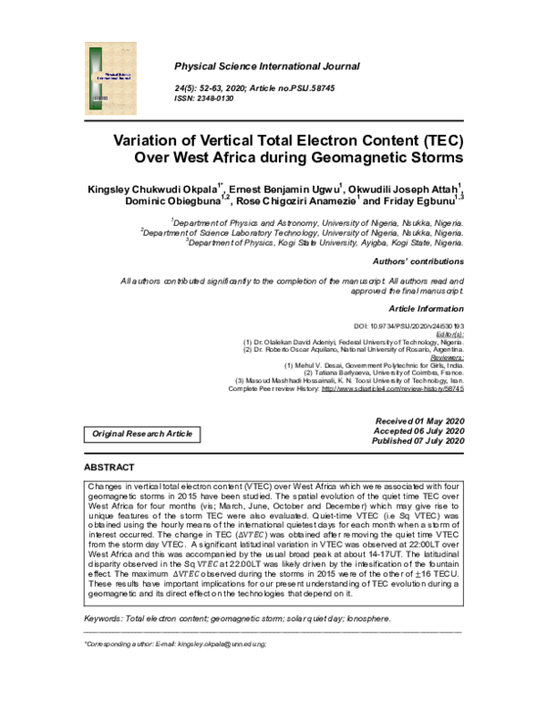 (PDF) Variation of Vertical Total Electron Content (TEC) Over West ...