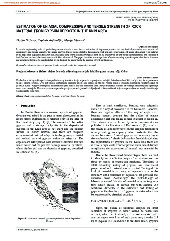 (PDF) Estimation of uniaxial compressive and tensile strength of rock material from gypsum ...