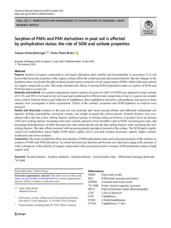 (PDF) Sorption of PAHs and PAH derivatives in peat soil is affected by ...