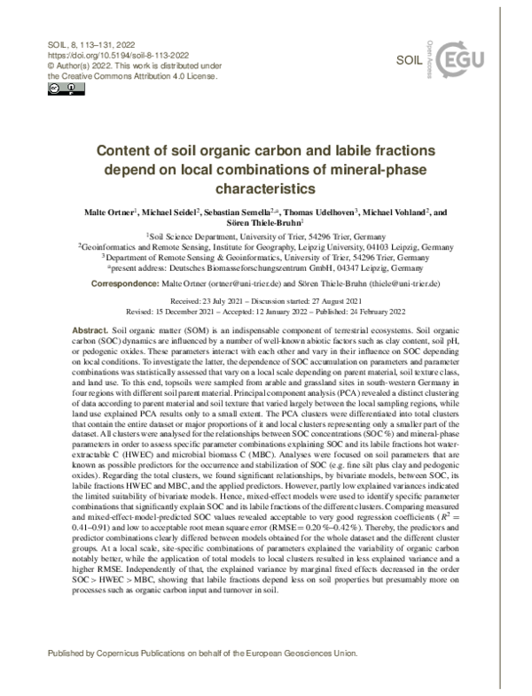 (PDF) Content of soil organic carbon and labile fractions depend on local combinations of ...