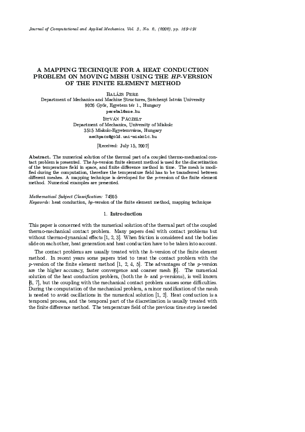 (PDF) A mapping technique for a heat conduction problem on moving mesh using the hp-version of ...