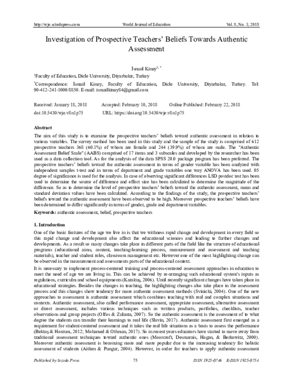 Pdf Investigation Of Prospective Teachers Beliefs Towards Authentic