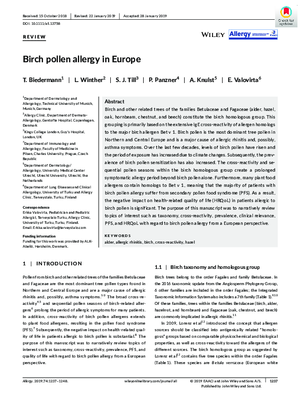 (PDF) Birch pollen allergy in Europe