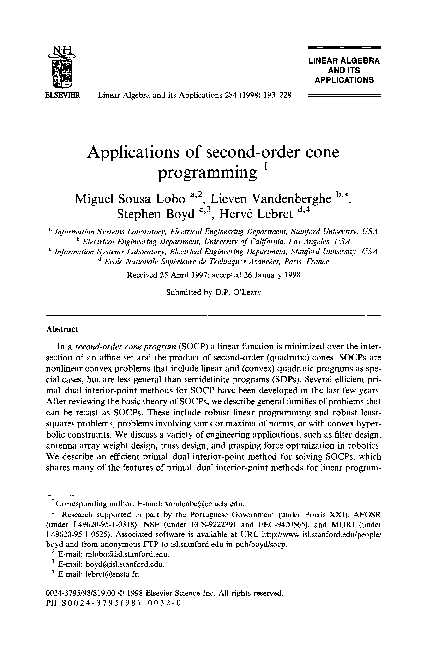 Pdf Applications Of Second Order Cone Programming Hervé Lebret