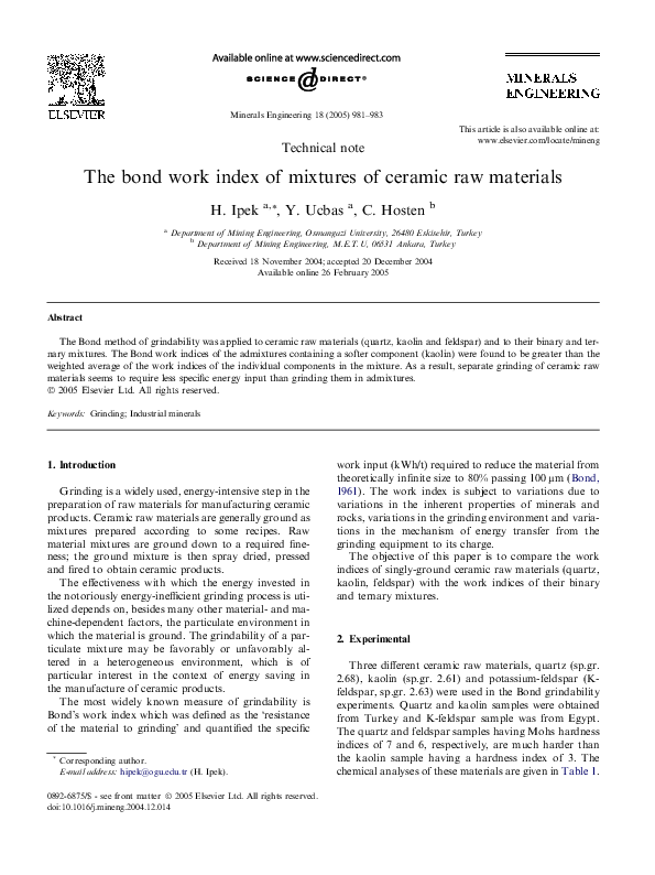 (PDF) The bond work index of mixtures of ceramic raw materials