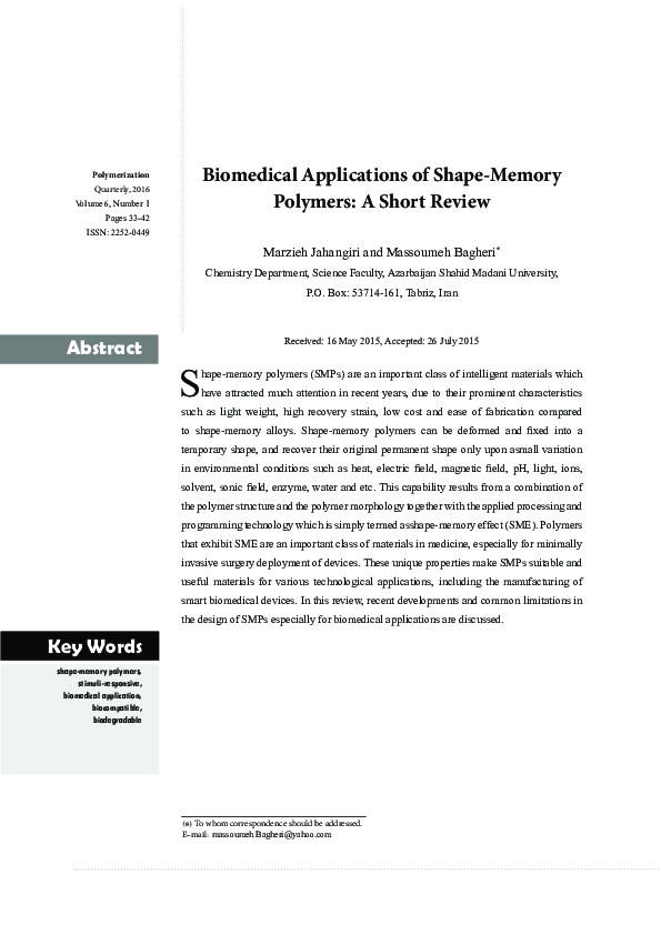 (PDF) Biomedical Applications of Shape-Memory Polymers: A Short Review