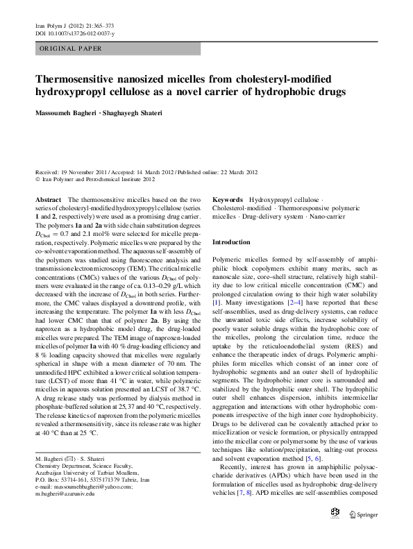 (PDF) Thermosensitive nanosized micelles from cholesteryl-modified ...