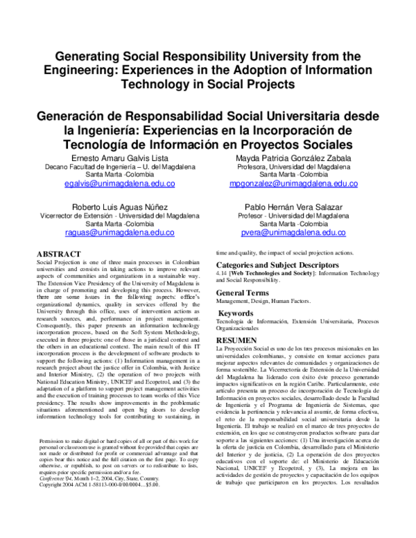 (PDF) Generating Social Responsibility University from the Engineering: Experiences in the ...