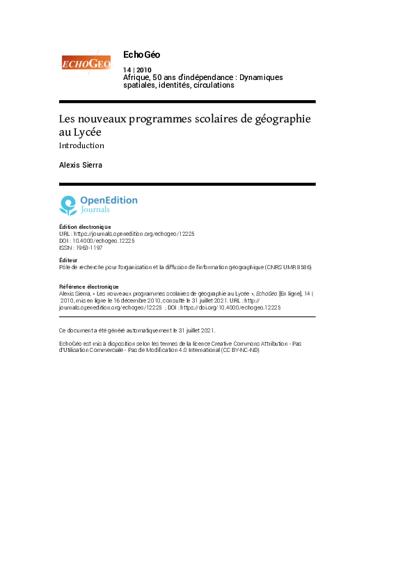 (PDF) Les nouveaux programmes scolaires de géographie au Lycée