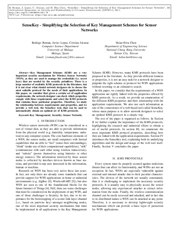(PDF) SenseKey - Simplifying the selection of key management schemes for sensor networks