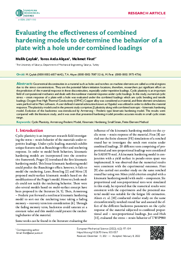(PDF) Evaluating the effectiveness of combined hardening models to determine the behavior of a ...